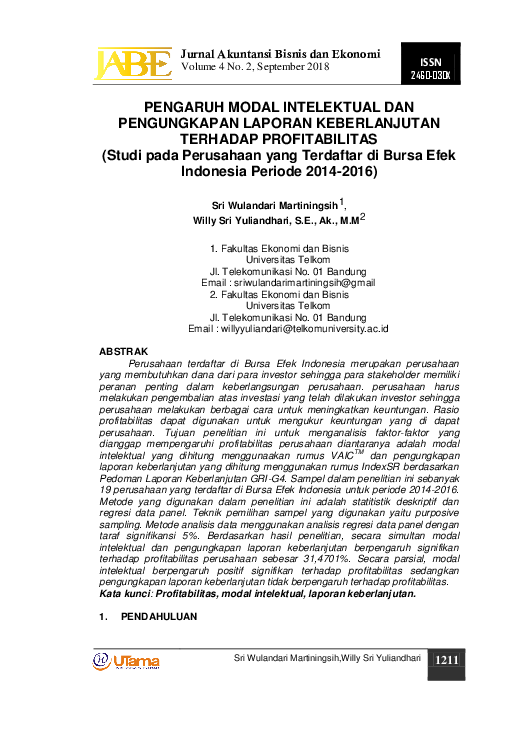 (PDF) PENGARUH MODAL INTELEKTUAL DAN PENGUNGKAPAN LAPORAN KEBERLANJUTAN TERHADAP PROFITABILITAS ...