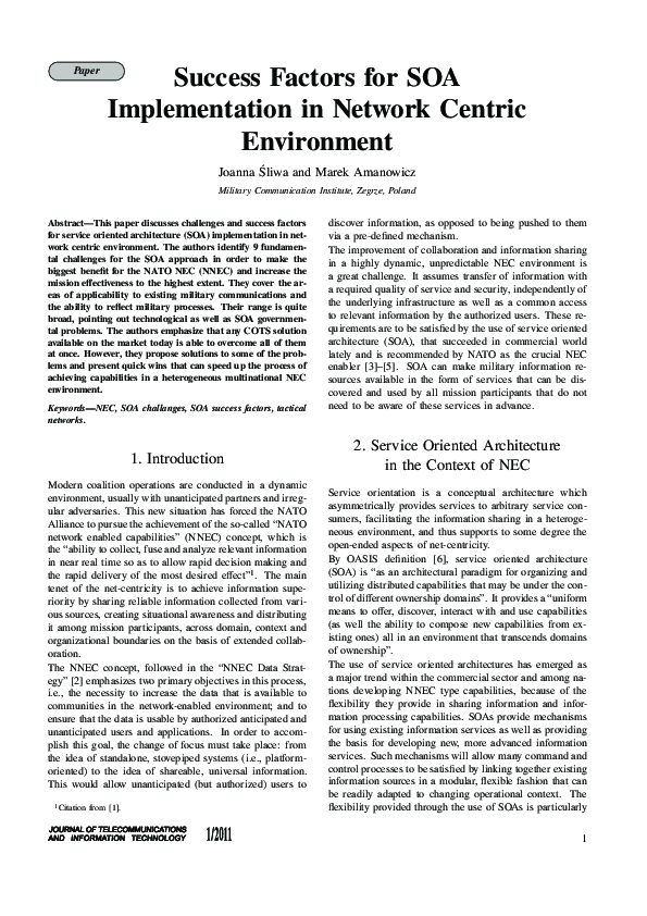 (PDF) Success Factors for SOA Implementation in Network Centric Environment