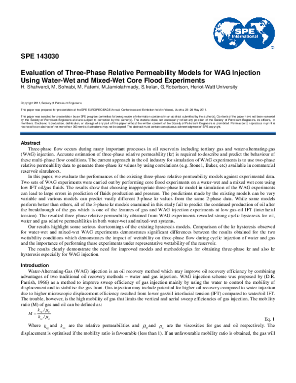 (PDF) Evaluation of Three-Phase Relative Permeability Models for WAG Injection Using Water-Wet ...