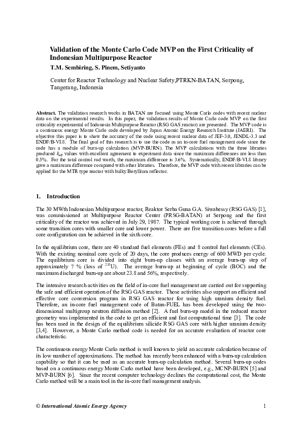 Pdf Validation Of The Monte Carlo Code Mvp On The First Criticality