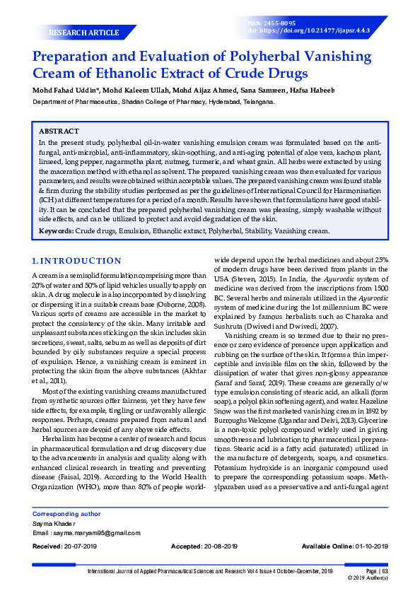 (PDF) Preparation and Evaluation of Polyherbal Vanishing Cream of ...