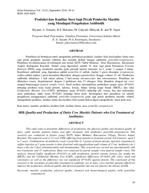 (PDF) Produksi dan Kualitas Susu Sapi Perah Penderita Mastitis yang ...