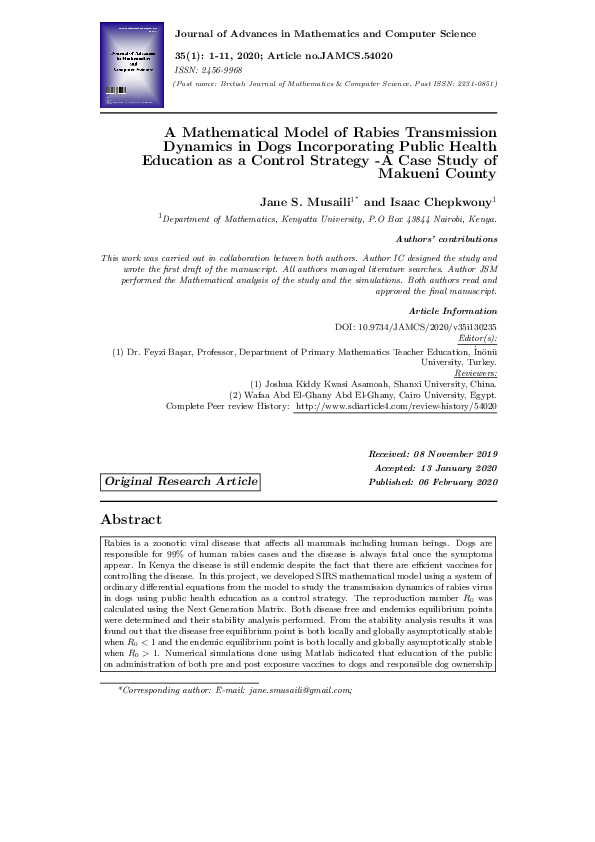 (PDF) A Mathematical Model of Rabies Transmission Dynamics in Dogs ...