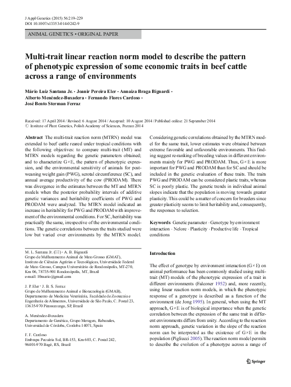 Pdf Multi Trait Linear Reaction Norm Model To Describe The Pattern Of