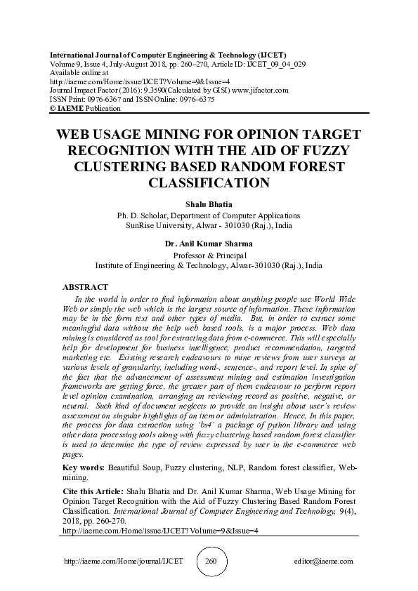 (PDF) WEB USAGE MINING FOR OPINION TARGET RECOGNITION WITH THE AID OF FUZZY CLUSTERING BASED ...