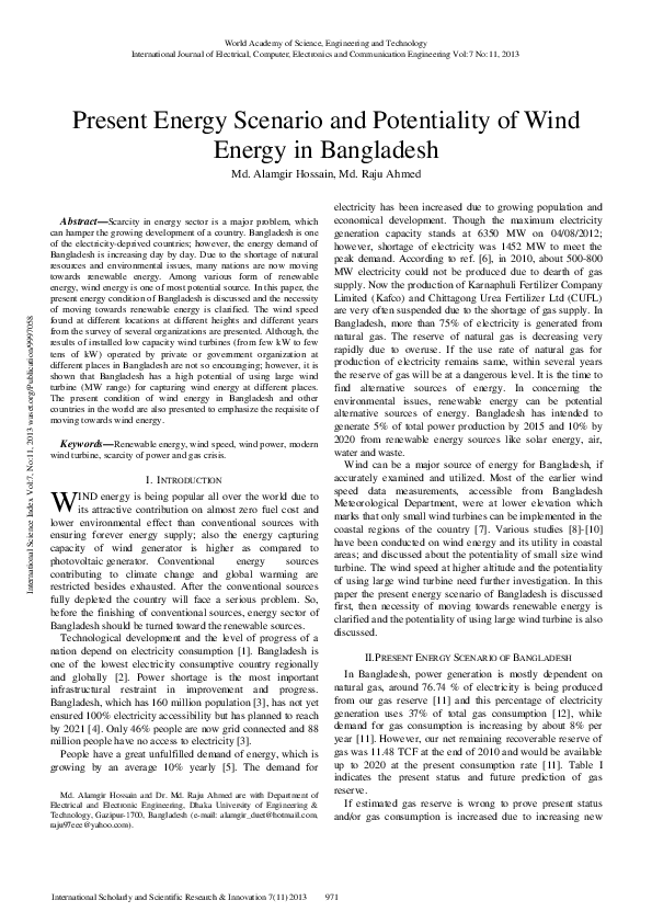 (PDF) Present Energy Scenario and Potentiality of Wind Energy in Bangladesh