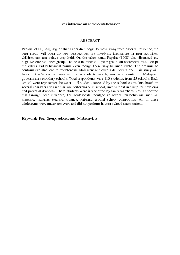 (PDF) Peer Influence on Adolescents’ Behavior