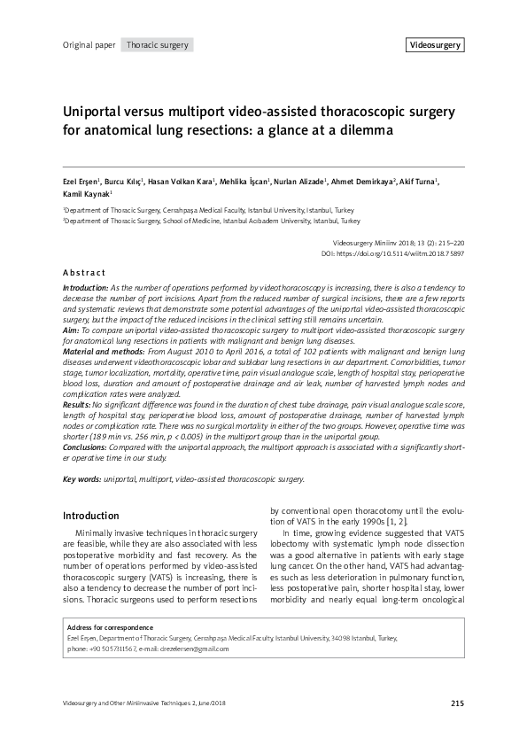 (PDF) Uniportal versus multiport video-assisted thoracoscopic surgery ...
