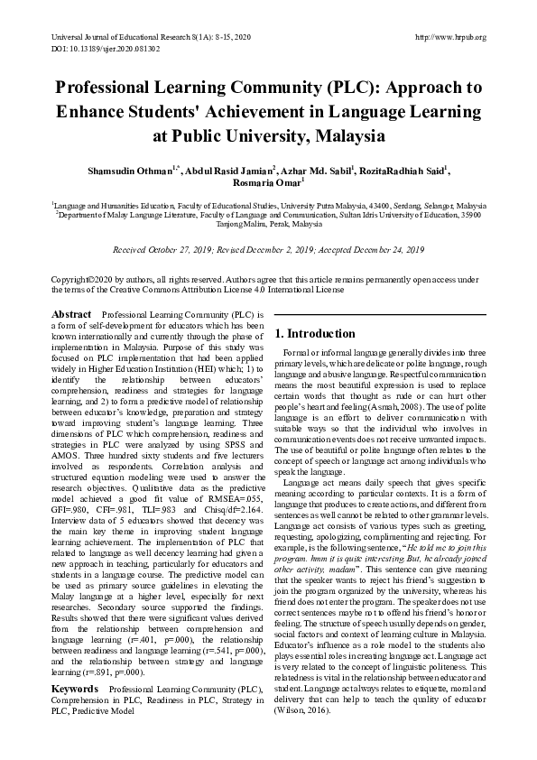 (PDF) Professional Learning Community (PLC): Approach to Enhance ...