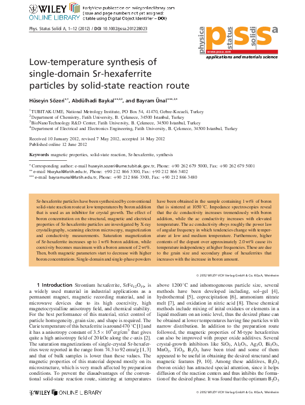 (PDF) Low-temperature synthesis of single-domain Sr-hexaferrite ...