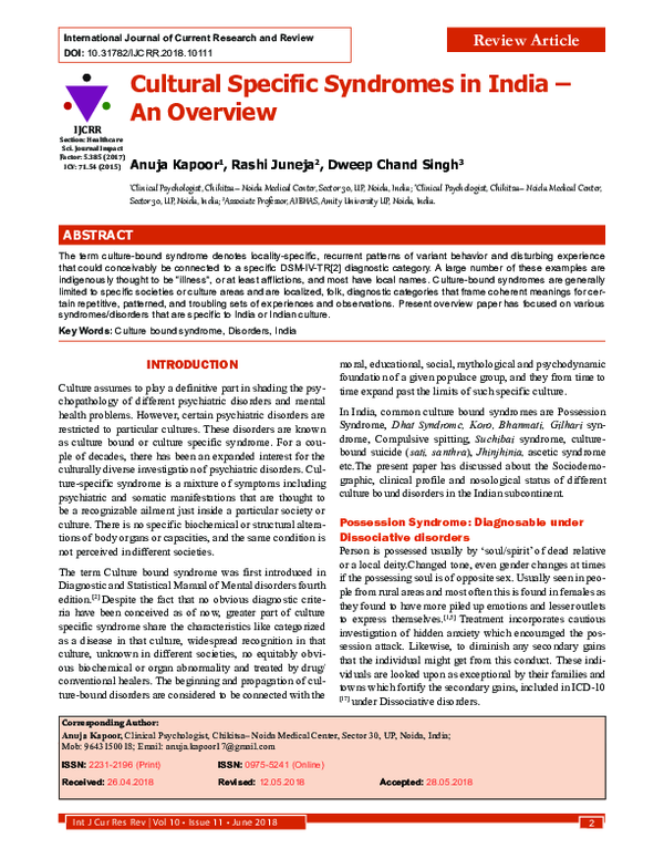 (PDF) Cultural Specific Syndromes in India -An Overview