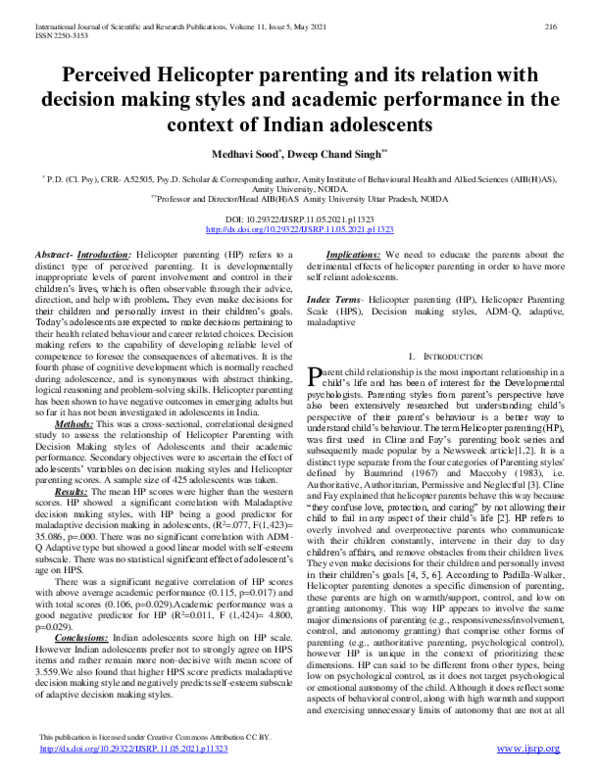 (PDF) Perceived Helicopter parenting and its relation with decision making styles and academic ...