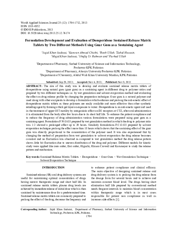 Pdf Formulation Development And Evaluation Of Domperidone Sustained Release Matrix Tablets By