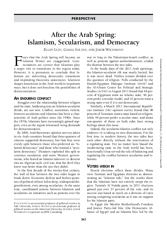 (PDF) After the Arab Spring: Islamism, Secularism, and Democracy
