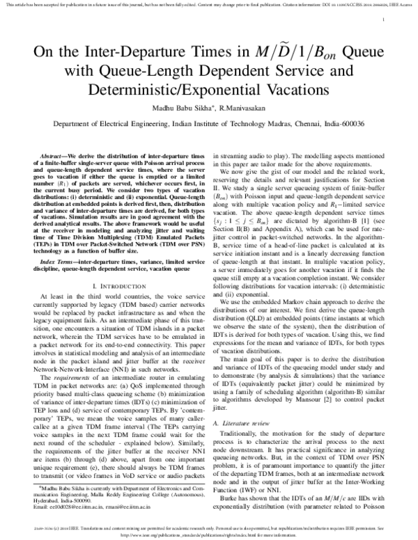 (PDF) On the Inter-Departure Times in M/D/1/Bon Queue with Queue-Length Dependent Service and ...
