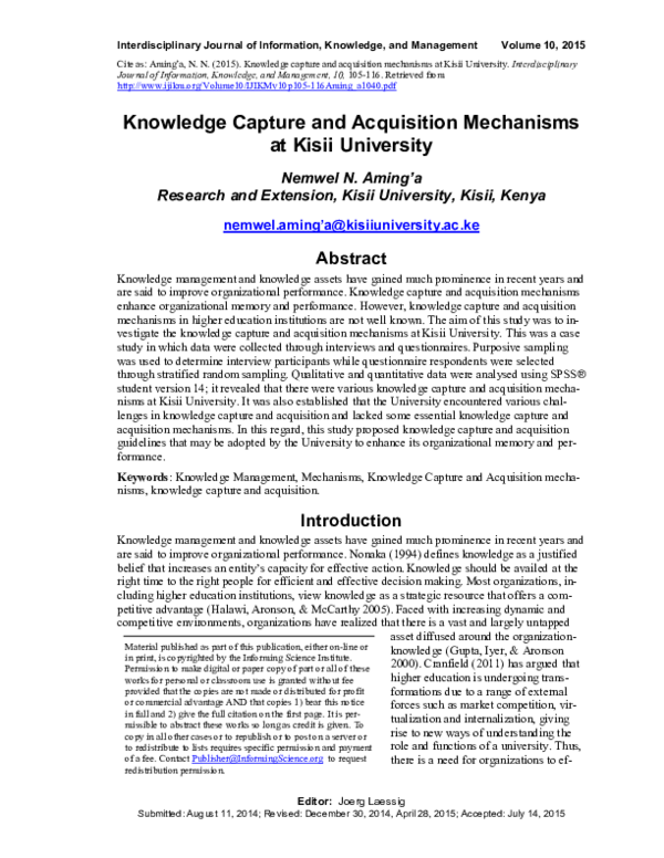 (PDF) Knowledge Capture and Acquisition Mechanisms at Kisii University