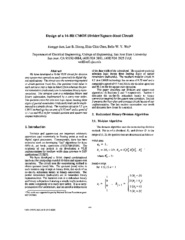 Pdf Design Of A 16 Bit Cmos Divider Square Root Circuit