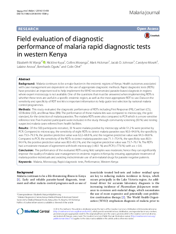 (PDF) Field evaluation of diagnostic performance of malaria rapid ...