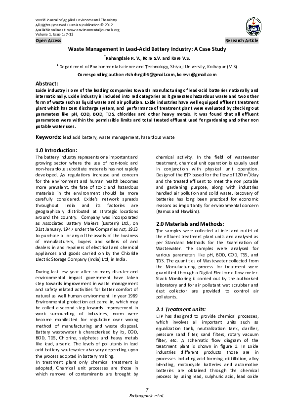 (PDF) Waste Management in Lead-Acid Battery Industry: A Case Study