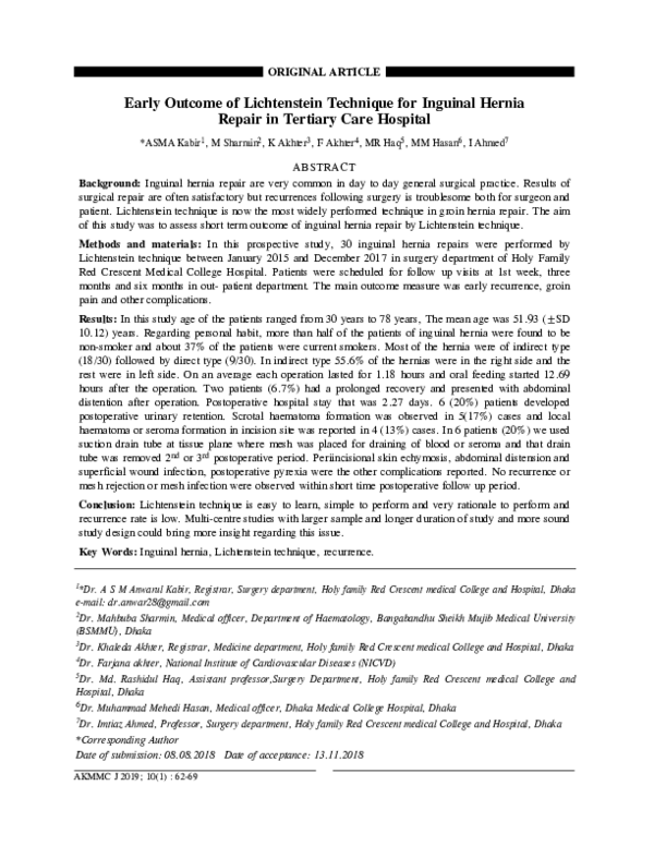 (PDF) Early Outcome of Lichtenstein Technique for Inguinal Hernia ...