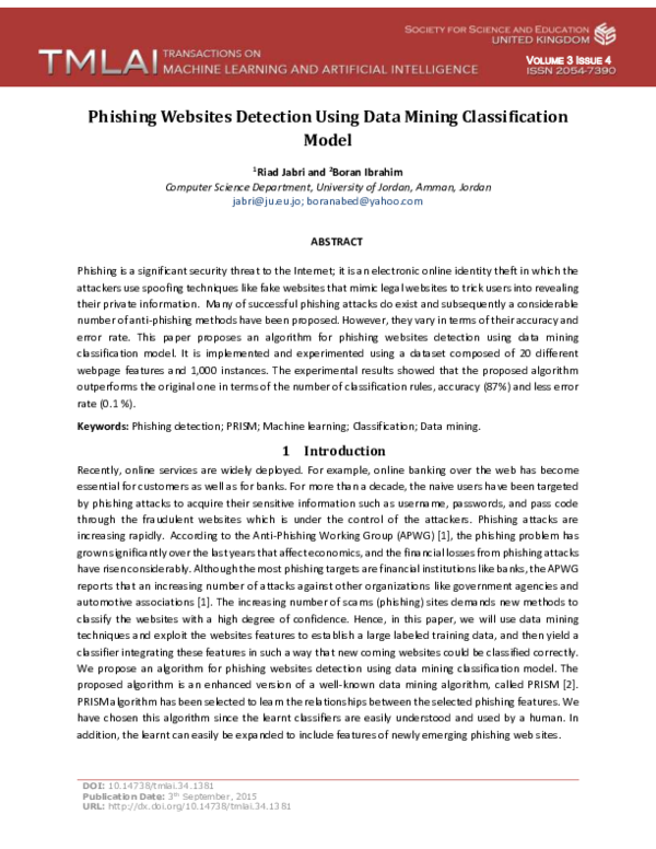 Pdf Phishing Websites Detection Using Data Mining Classification Model