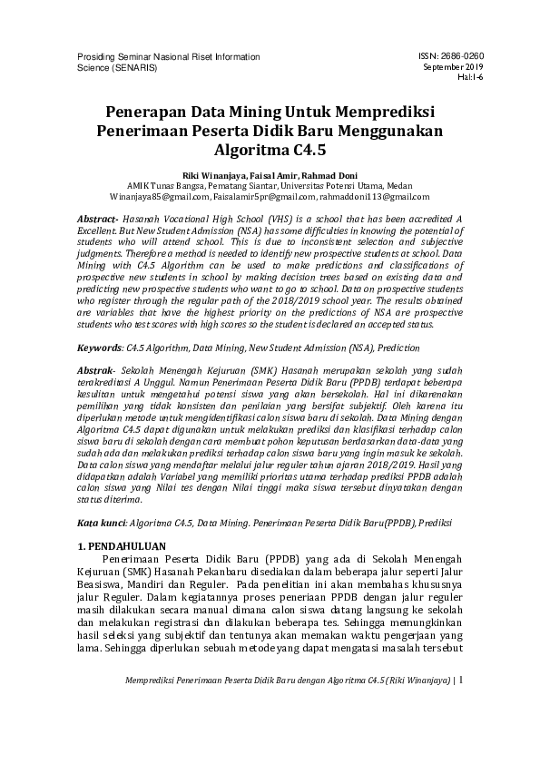 (PDF) Penerapan Data Mining Untuk Memprediksi Penerimaan Peserta Didik ...