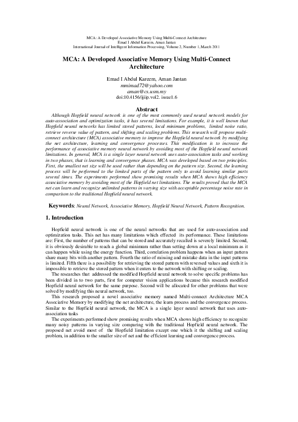 Pdf Mca A Developed Associative Memory Using Multi Connect Architecture