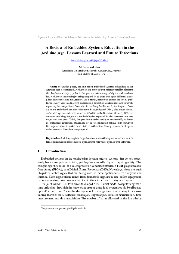 Pdf A Review Of Embedded Systems Education In The Arduino Age