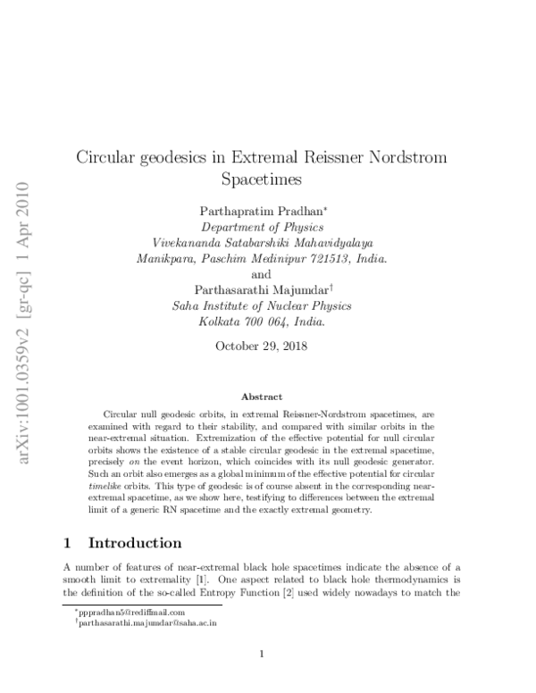 (PDF) Circular orbits in extremal Reissner–Nordstrom spacetime