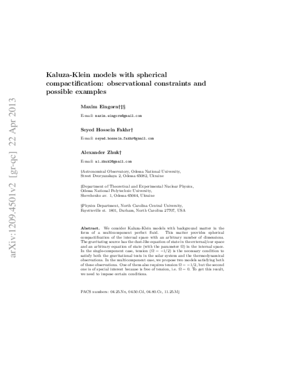 (PDF) Kaluza–Klein models with spherical compactification ...