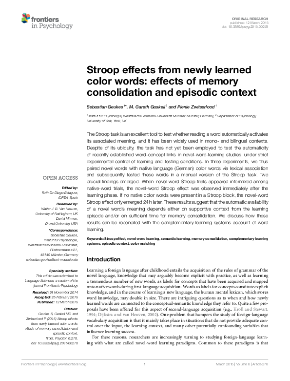 (PDF) Stroop effects from newly learned color words: effects of memory ...