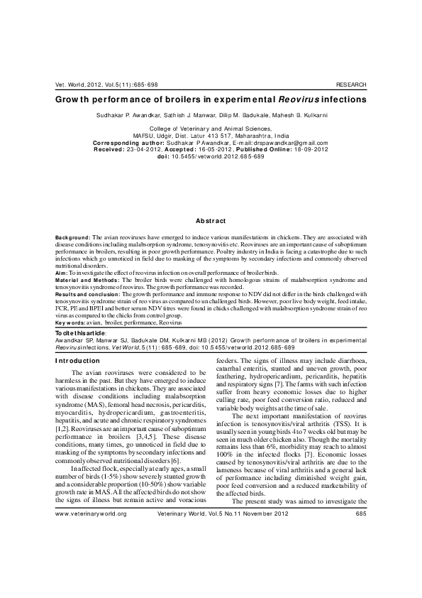 (PDF) Growth performance of broilers in experimental Reovirus infections