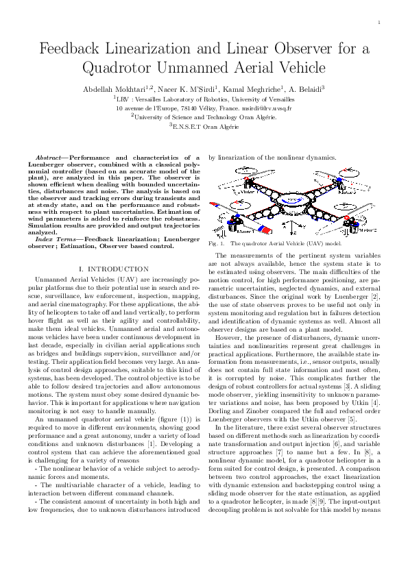 (PDF) Feedback linearization and linear observer for a quadrotor unmanned aerial vehicle