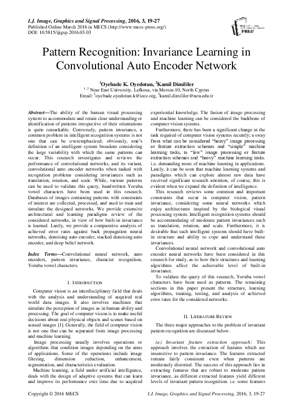 Pdf Pattern Recognition Invariance Learning In Convolutional Auto Encoder Network