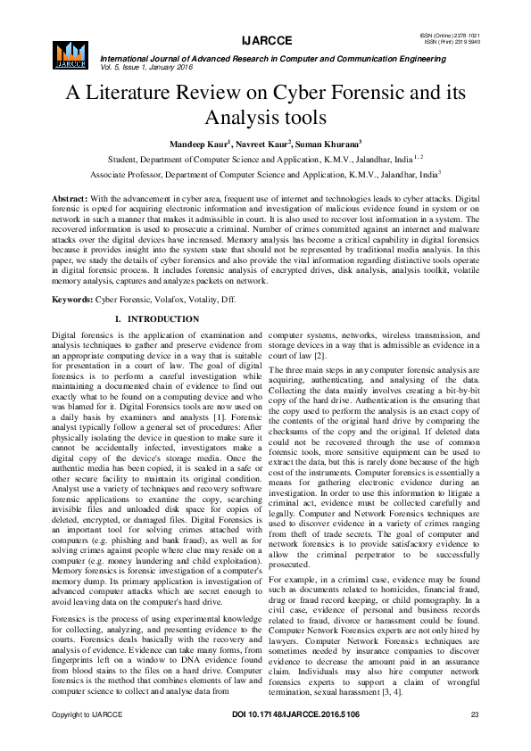 (PDF) A Literature review on Cyber Forensic and its Analysis tools