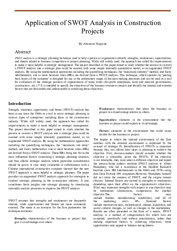 PDF Application Of SWOT Analysis In Construction Projects Kebede pdf-application-of-swot-analysis-in-construction-projects-kebede