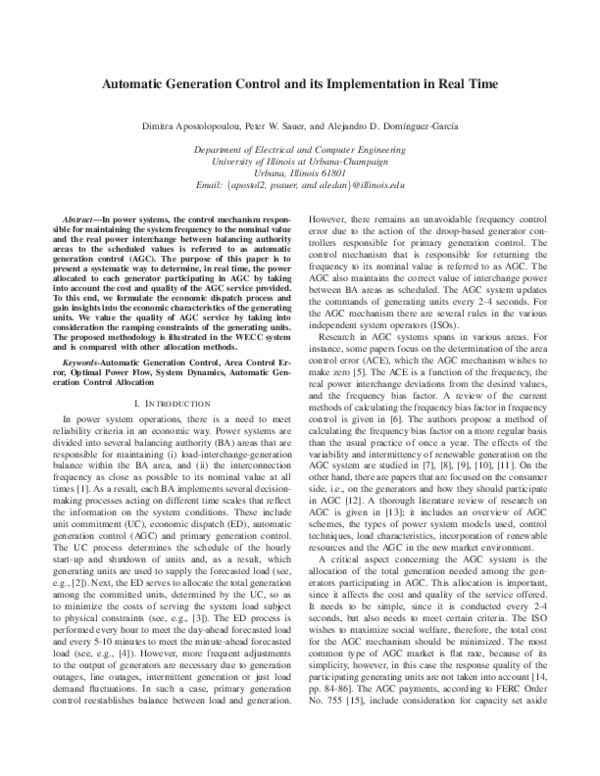 (PDF) Automatic Generation Control and Its Implementation in Real Time