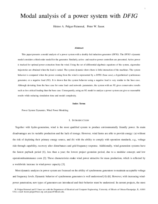 Pdf Power System Modal Analysis Considering Doubly Fed Induction