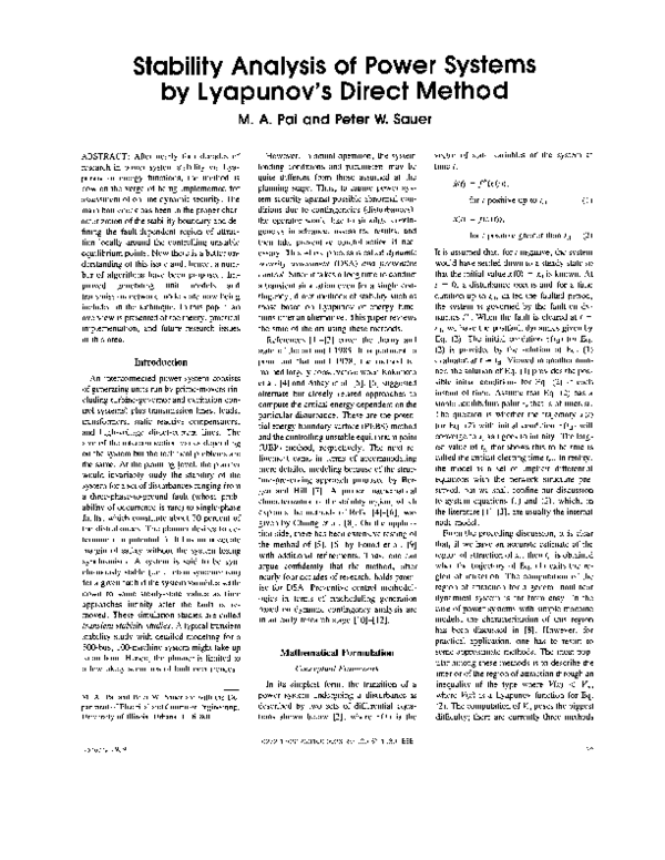 (PDF) Stability analysis of power systems by Lyapunov's direct method