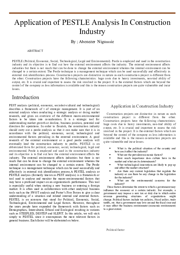 (PDF) Application of PESTLE Analysis In Construction Industry