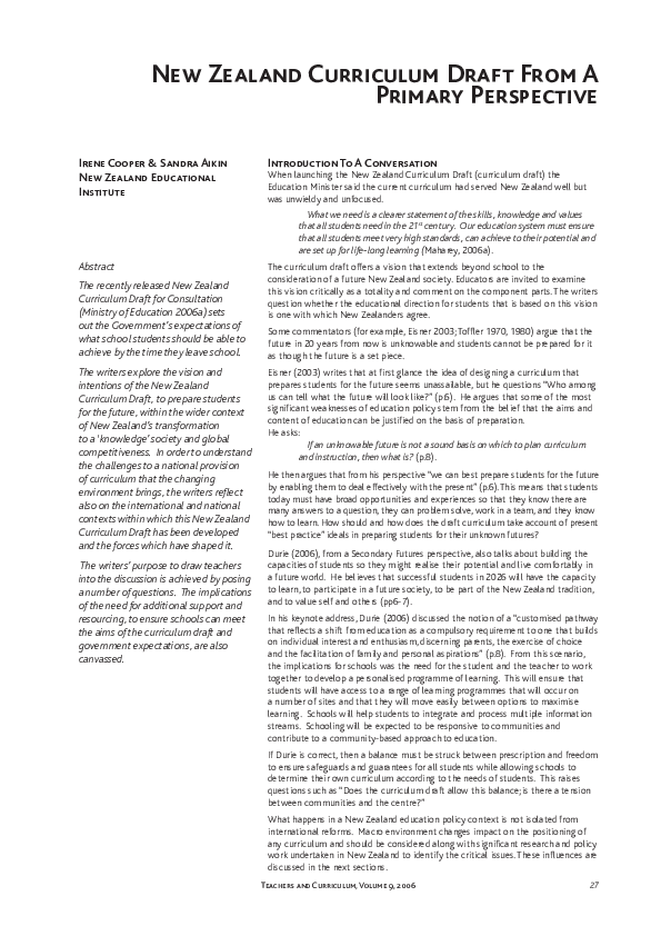 (PDF) New Zealand Curriculum Draft from a primary perspective