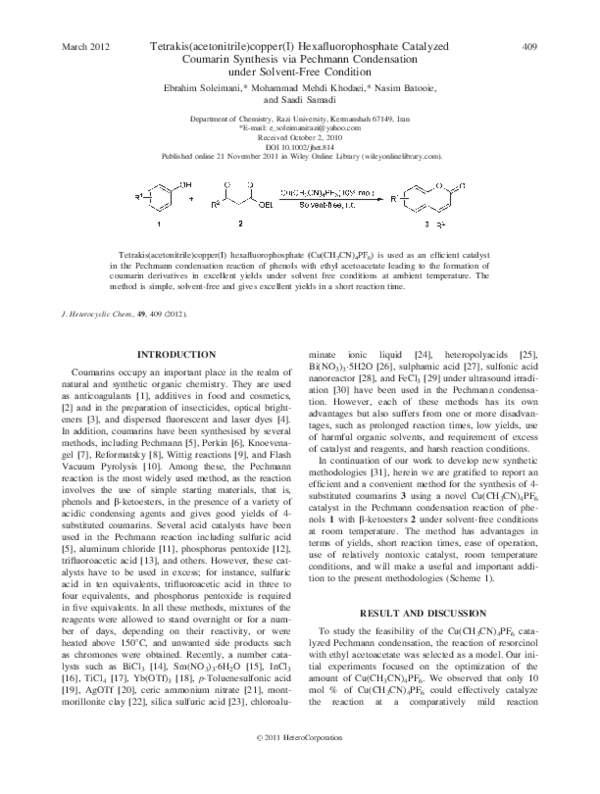 (PDF) Tetrakis(acetonitrile)copper(I) hexafluorophosphate catalyzed ...