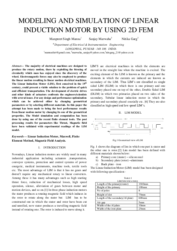 Pdf Modeling And Simulation Of Linear Induction Motor By Using 2d Fem