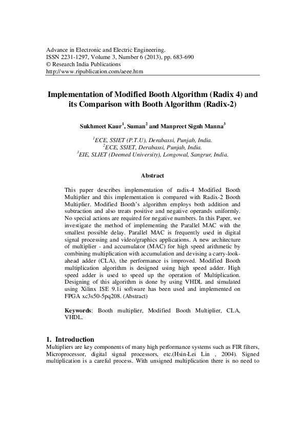 (PDF) Implementation of Modified Booth Algorithm (Radix 4) and its ...