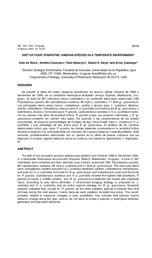 (PDF) Diet of Four Sympatric Anuran Species in a Temperate Environment