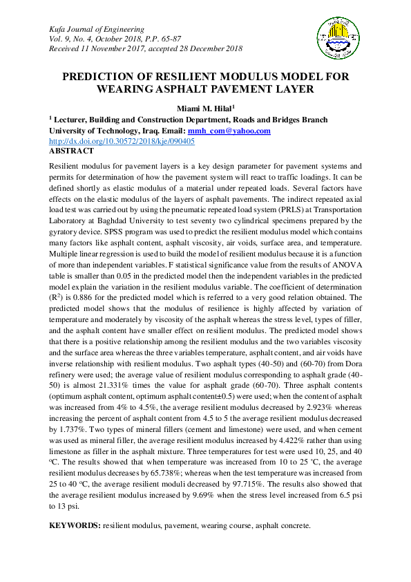 (PDF) Prediction of Resilient Modulus Model for Wearing Asphalt Pavement Layer