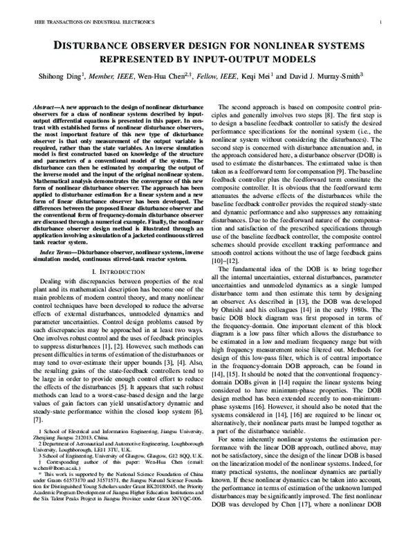 Pdf Disturbance Observer Design For Nonlinear Systems Represented By Input Output Models