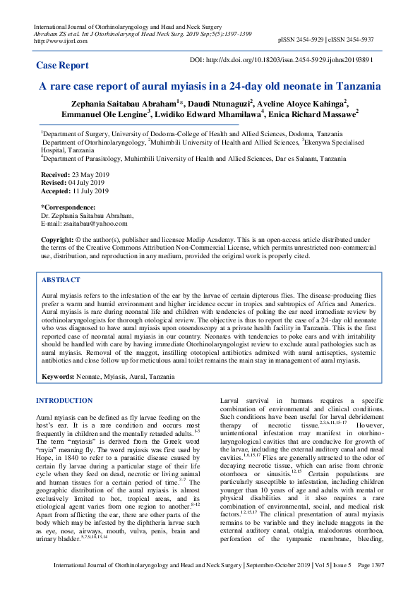 (PDF) A rare case report of aural myiasis in a 24-day old neonate in ...