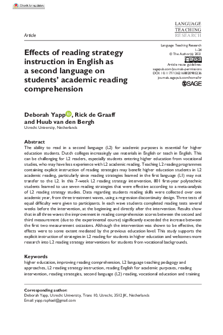Pdf Effects Of Reading Strategy Instruction In English As A Second