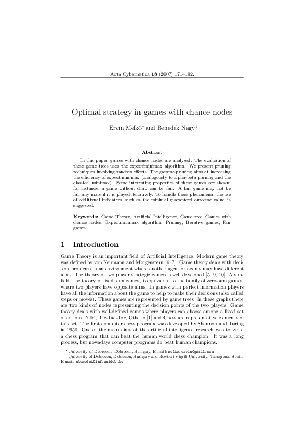 (PDF) Optimal strategy in games with chance nodes